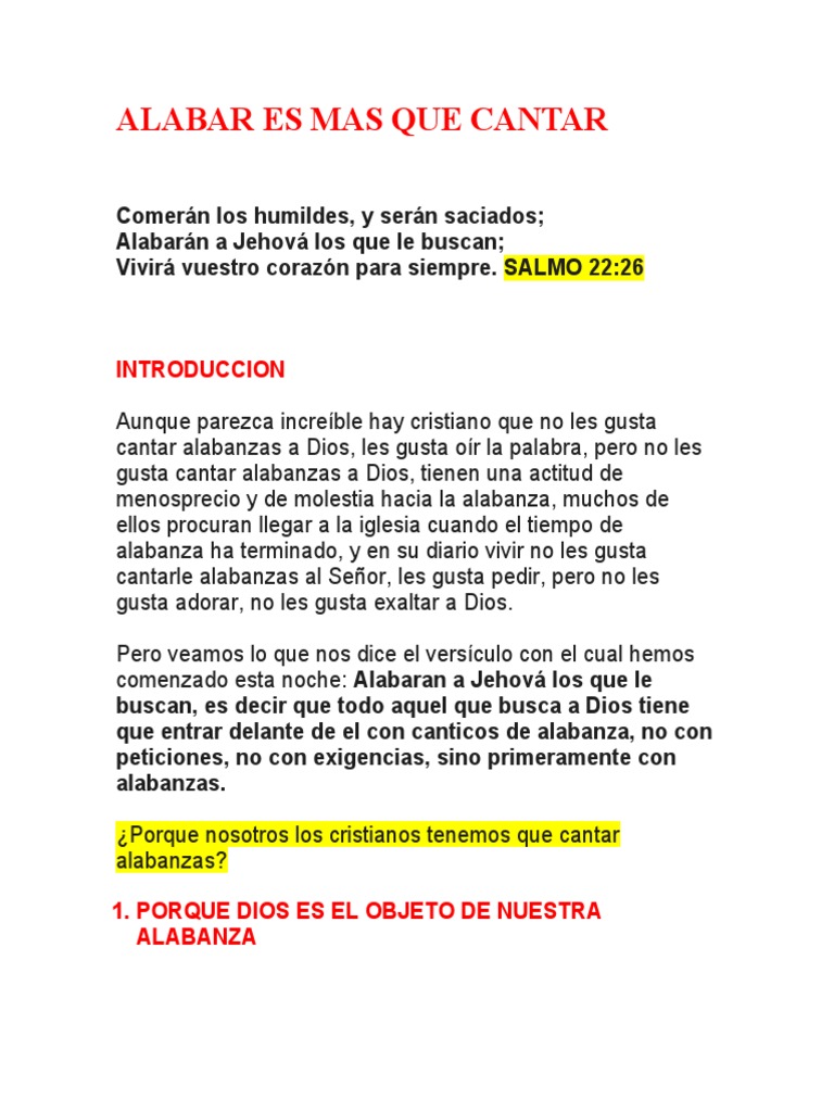 Alabar Es Mas Que Cantar | Descargar gratis PDF | Salmos | Jesús