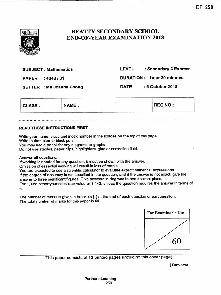 E-Math Sec 3 Sa2 2018 Betty Sec | PDF