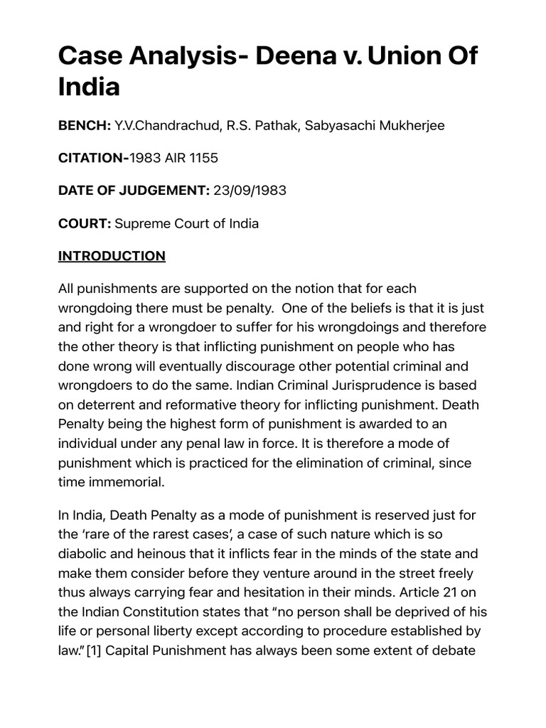 Deena v. Union of India: Death Penalty Analysis | PDF | Capital ...