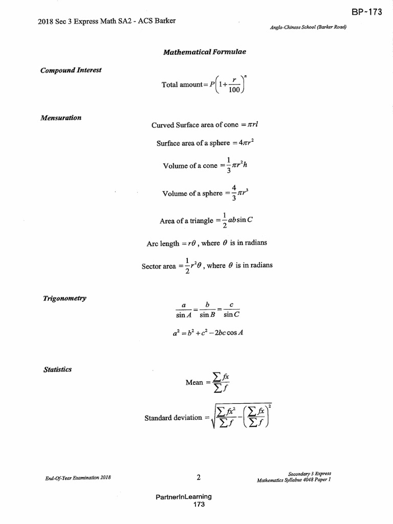 E-Math Sec 3 Sa2 2018 Acs Barker | PDF