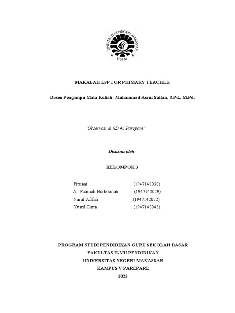 Makalah Esp For Primary Teacher Kelompok 3 C19F | PDF