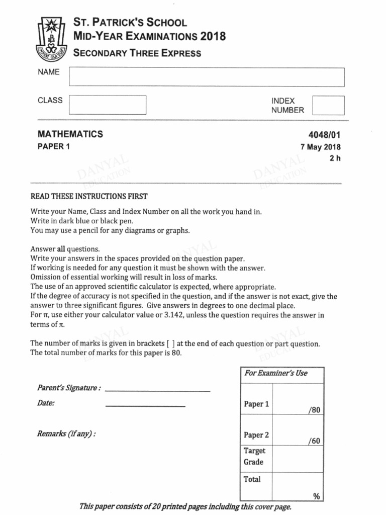 Sec 3 E Math ST Patrick Sec SA1 2018i | PDF | Sphere | Interest