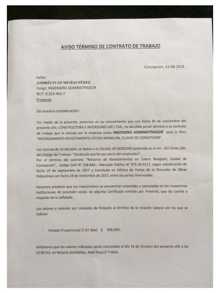 5 - Aviso Término Contrato de Trabajo | PDF