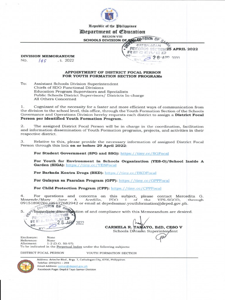 Division Memo No 145, s.2022 - APPOINTMENT OF DISTRICT FOCAL PERSON FOR ...