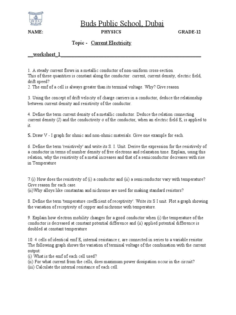 Current Electricity Worksheet (Rvised ws1) | PDF | Electrical ...