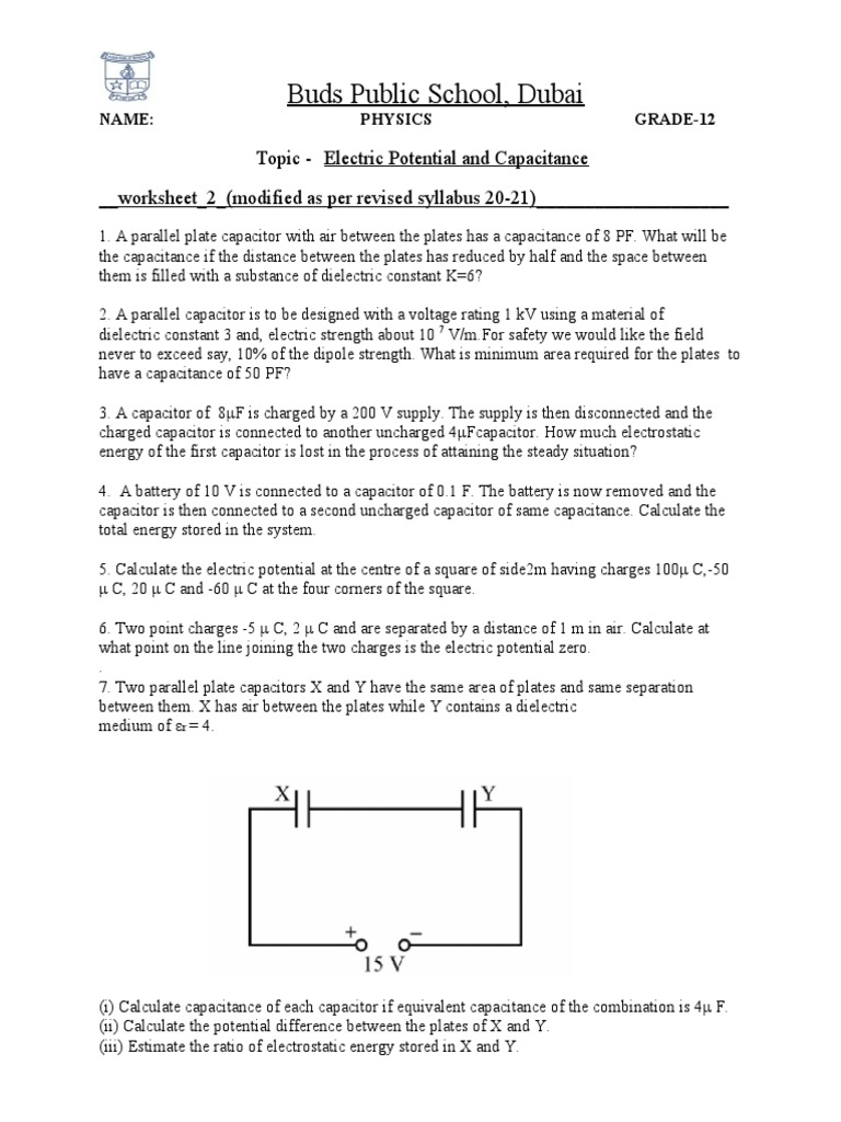 Electric Potential and Capacitance Worksheet | PDF | Capacitor ...