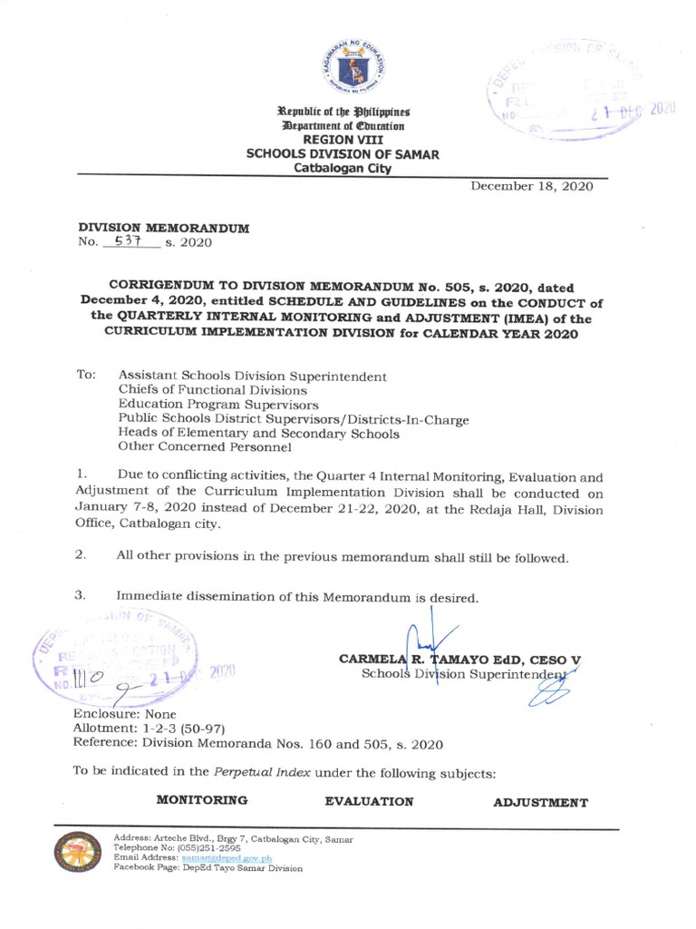Division Memo No 537, s.2020 - Corrigendum to Division Memorandum No ... Division Memo No 537, s.2020 - Corrigendum to Division Memorandum No ...