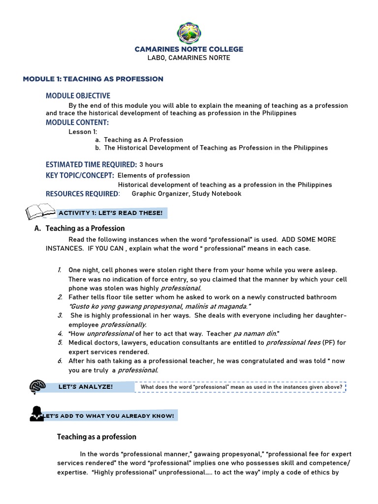 Module 1 | PDF | Profession | Teachers