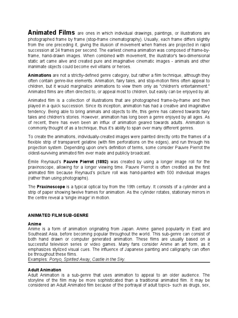 Animated Films Handout | PDF | Animation | Computer Animation