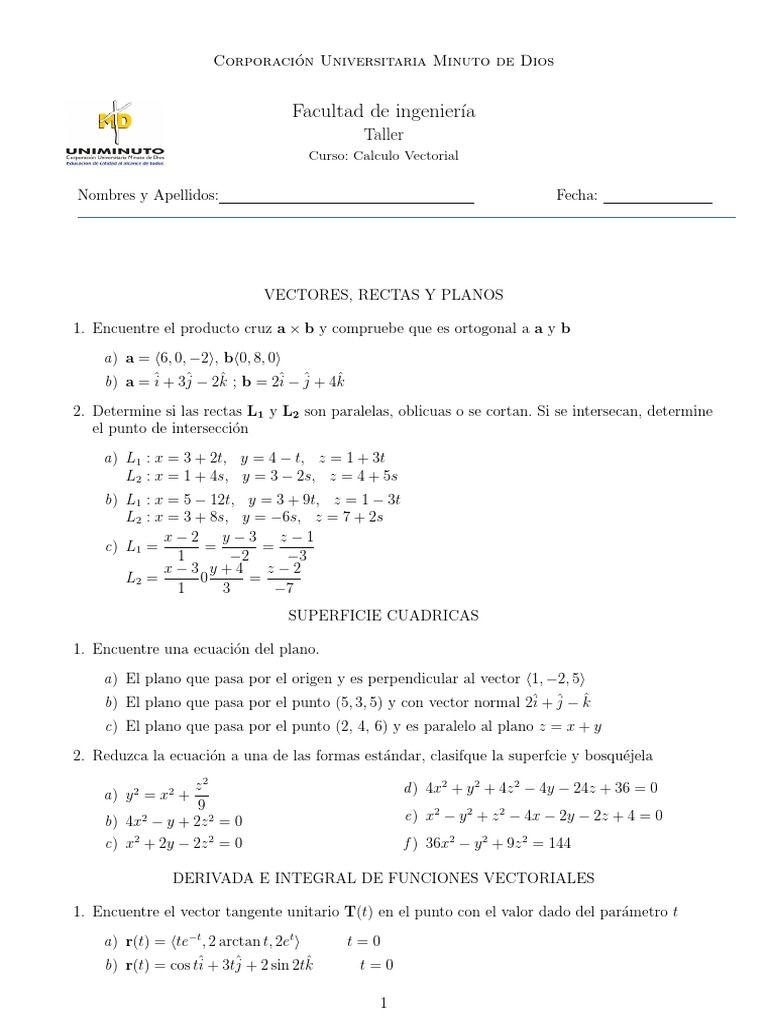 Calculo Vectorial Taller 1 | PDF | Vector Euclidiano | Euclides