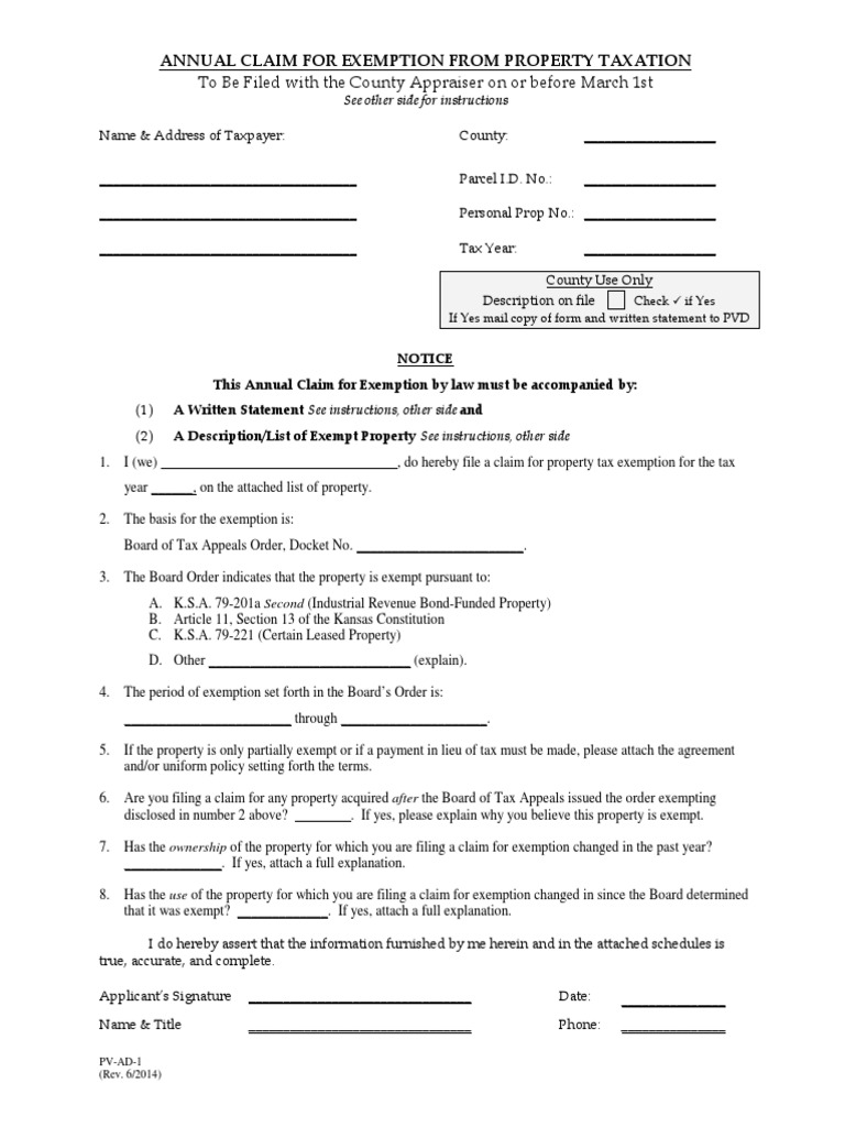 Annual Claim For Exemption From Property Taxation | PDF | Tax Exemption ...