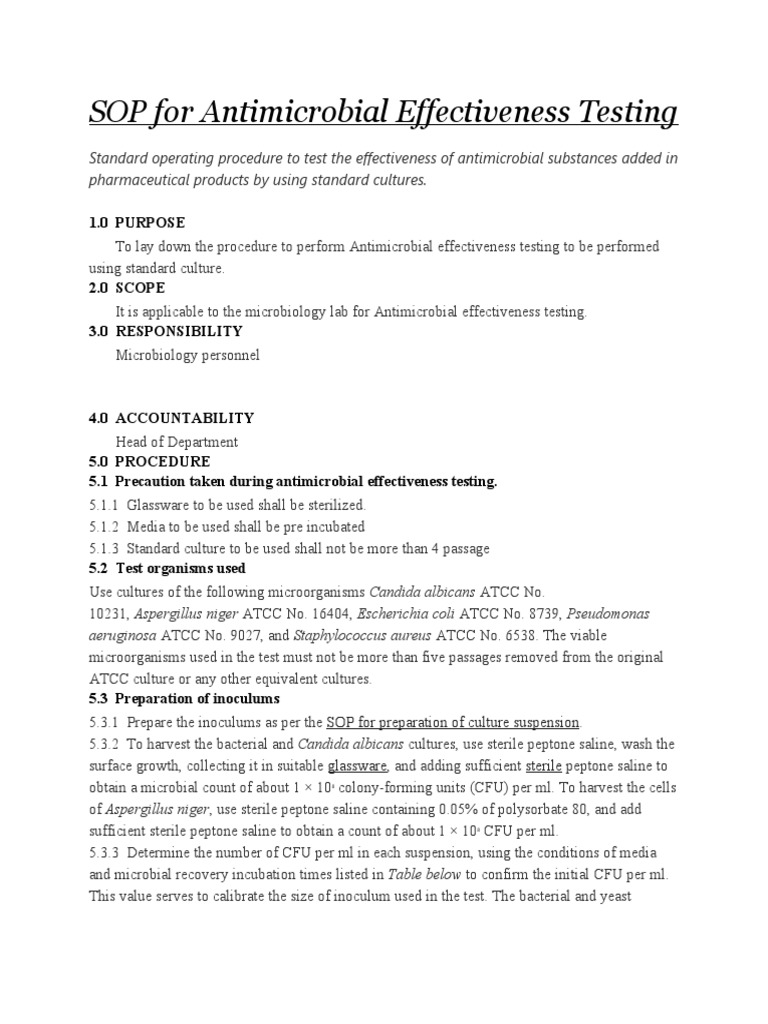 SOP For Antimicrobial Effectiveness Testing | PDF | Colony Forming Unit ...