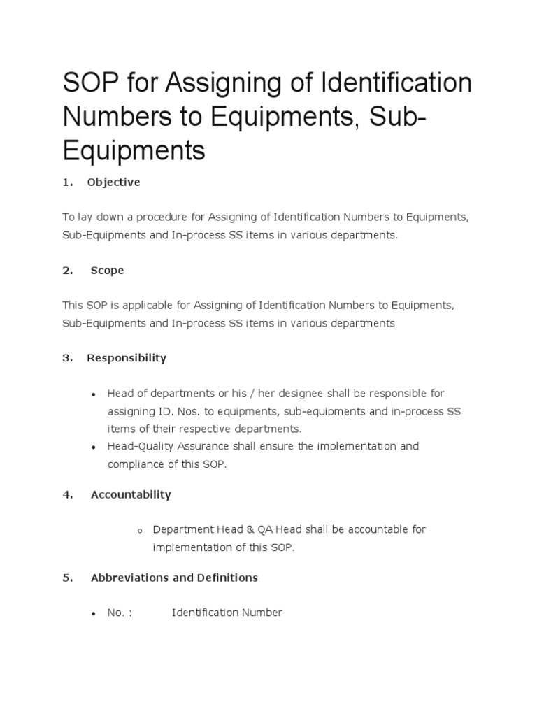 SOP For Assigning of Identification Numbers To Equipments | PDF ...