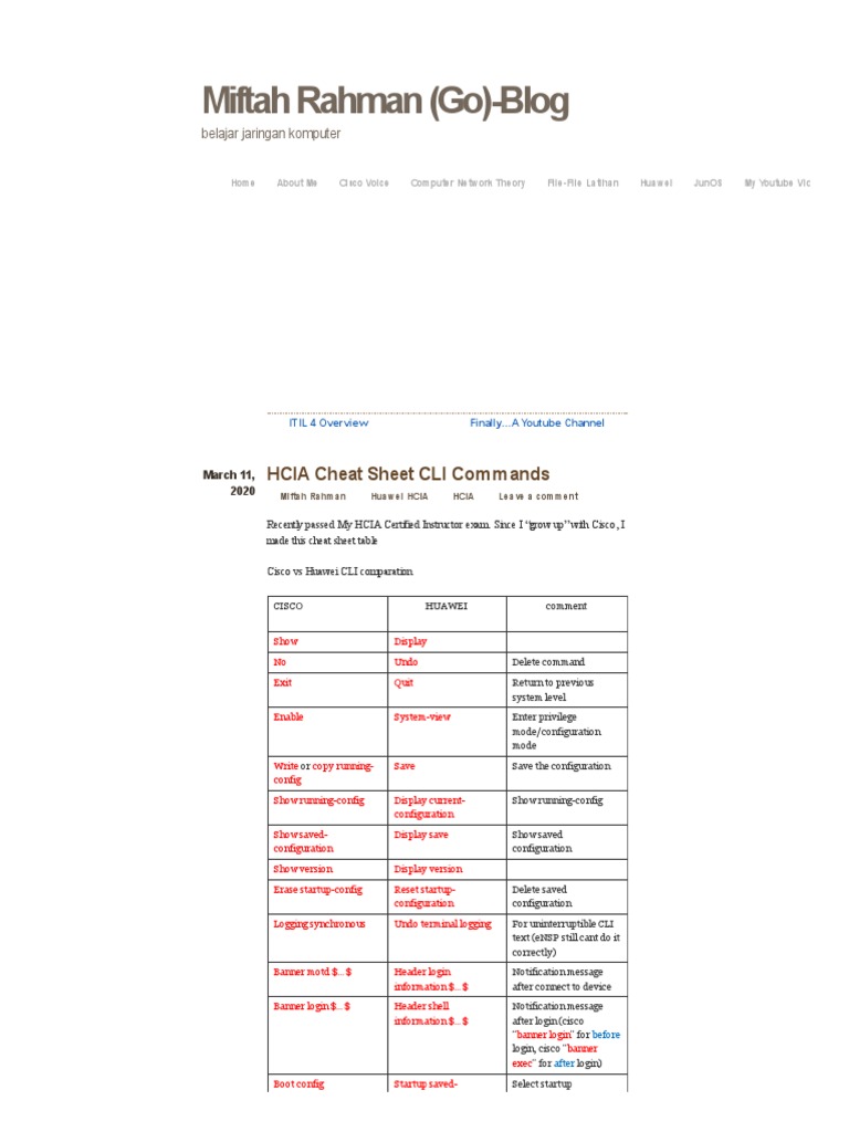 HCIA Cheat Sheet CLI Commands - Miftah Rahman (Go) - Blog | Download Free PDF | Ip Address ...