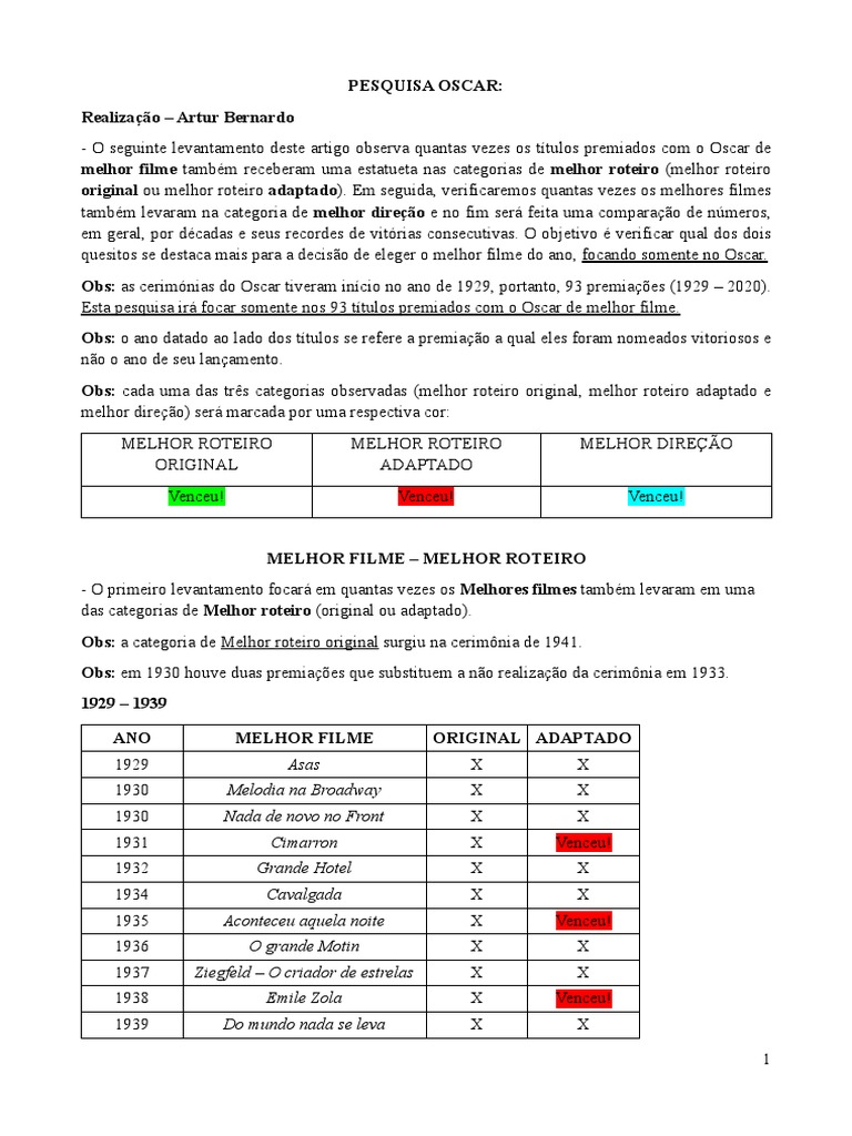 Levantamento Melhores Filmes Melhores Roteiros | PDF | Prêmios da ...