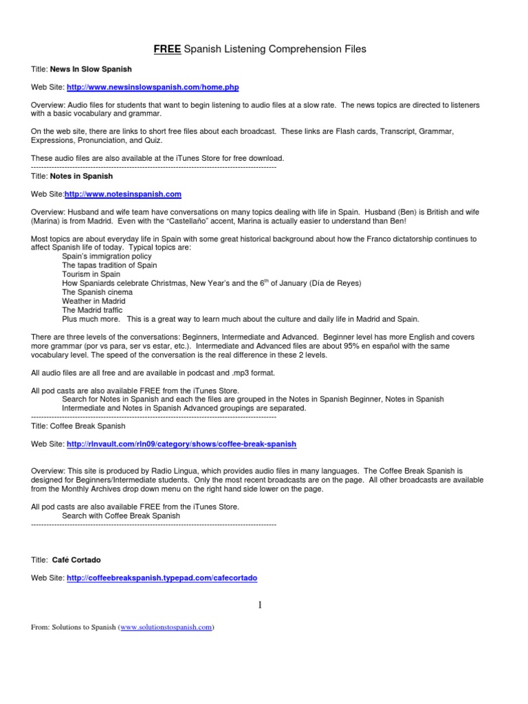 FREE Spanish Listening Comprehension Files | PDF | Podcast | I Tunes