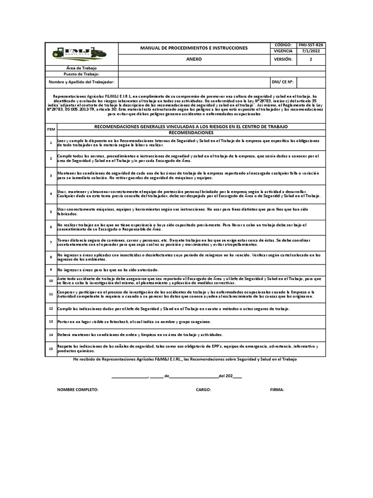 FMJ-SST-R26 - Manual de Procedimientos - Recomendaciones de SST | PDF ...