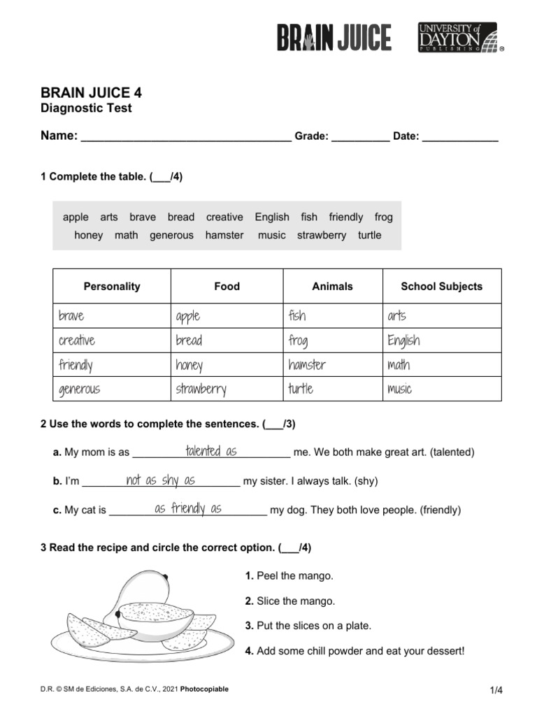 Diagnostic Quiz 2nd Grade Answer Key | PDF | Foods
