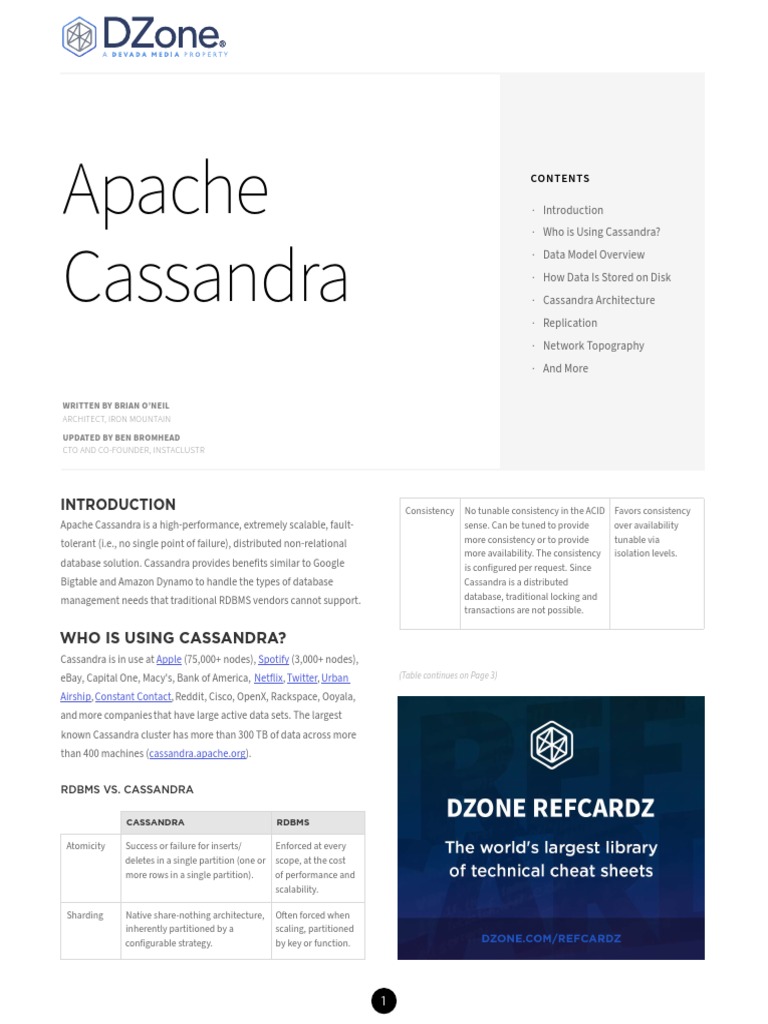 House Dzone Refcard 153 Apache Cassandra 2022 Pdf Database Index Replication Computing