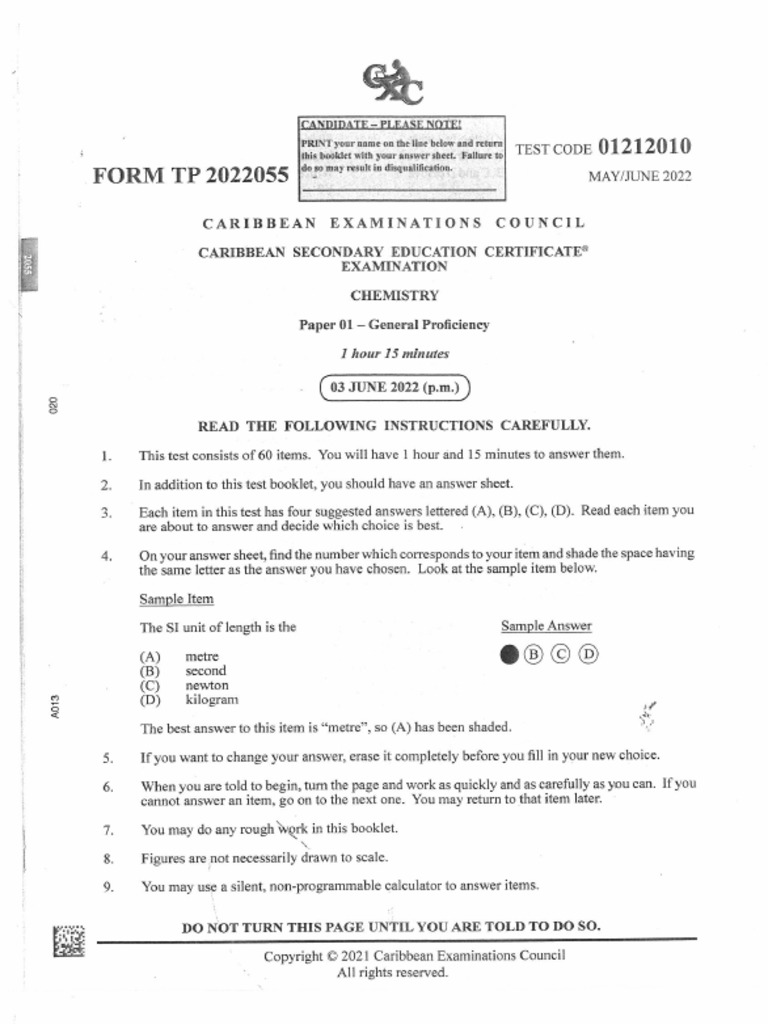 CSEC Chemistry Paper 1 June 2022 | PDF