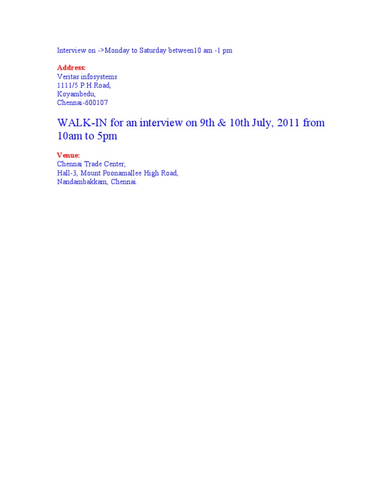 Walk-In Interview Details for Chennai | PDF