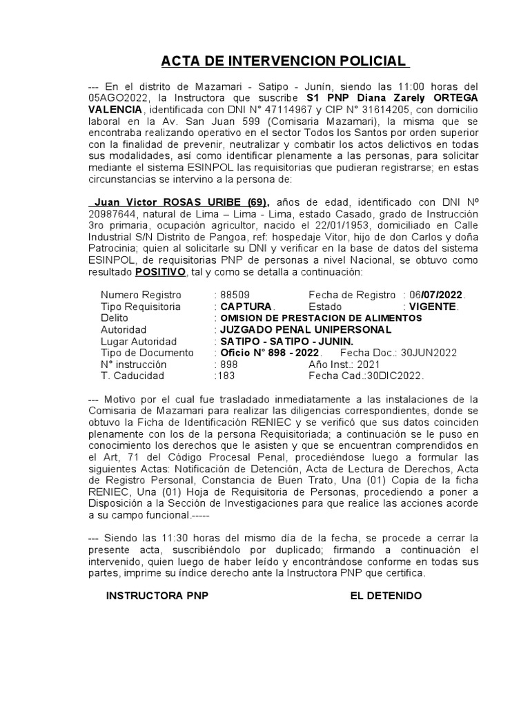 ACTA DE INTERVENCION RQ - Patrullaje A Pie 04AGO2022 | PDF