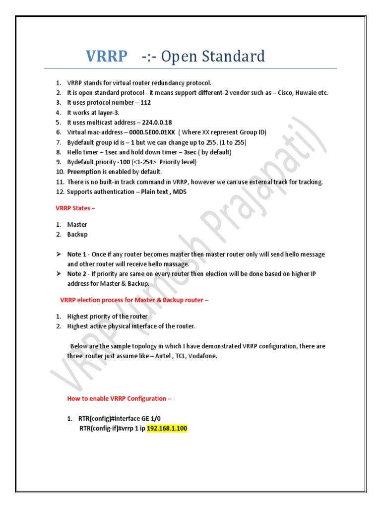 VRRP - Virtual Router Redundancy Protocol | PDF | Router (Computing) | Computer Networking