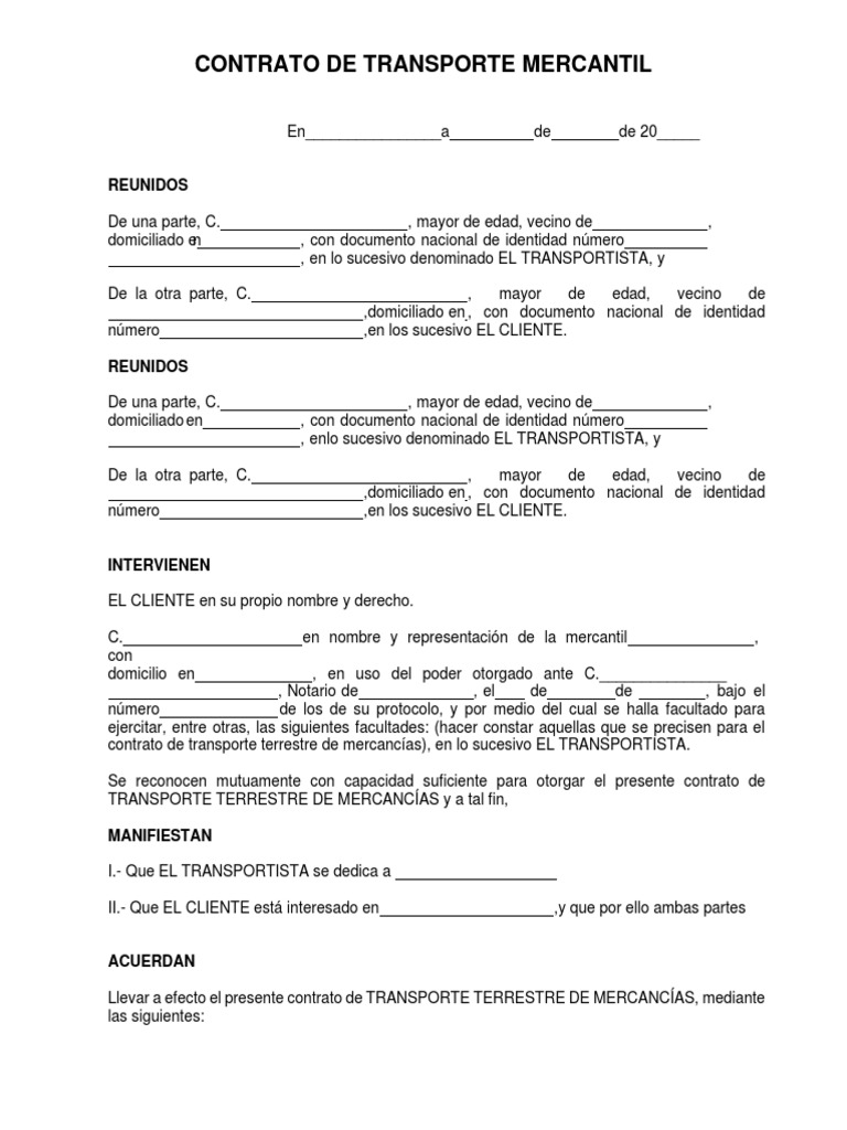 Contrato De Transporte Mercantil Pdf Transporte Economias