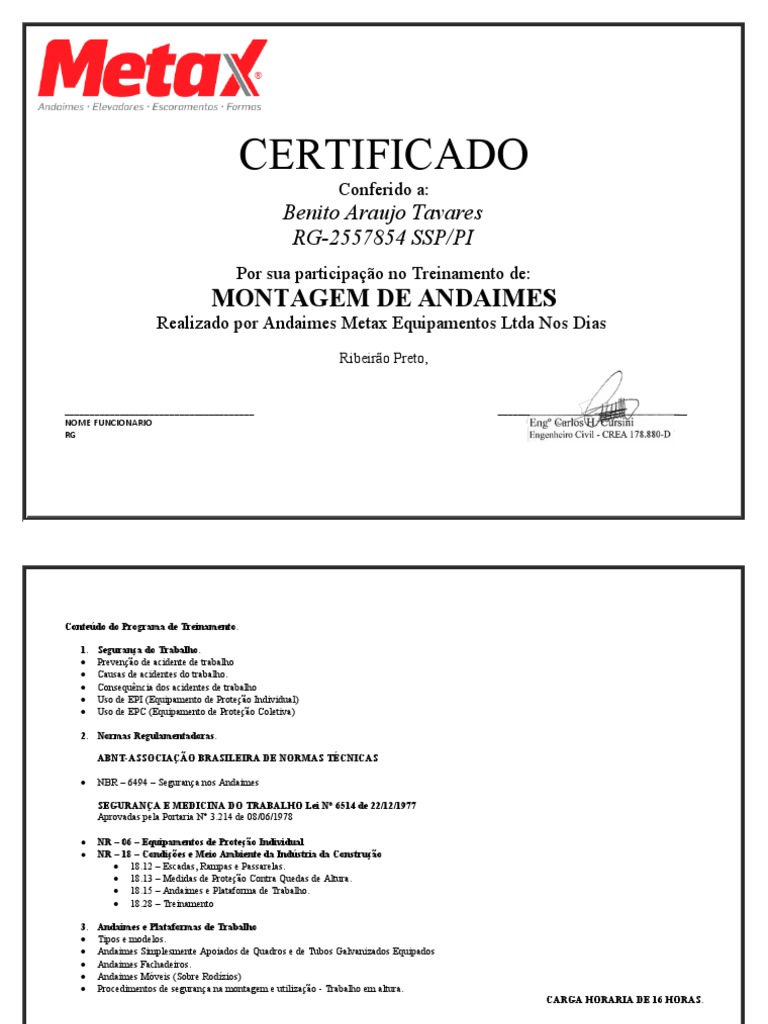 1. MODELO CERTIFICADO MONTAGEM DE ANDAIME | PDF