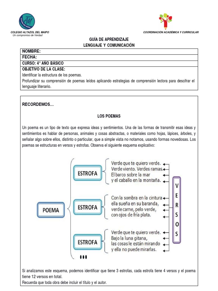 Estructura y Comprensión de Poemas 4° Básico | PDF | Comprensión ...
