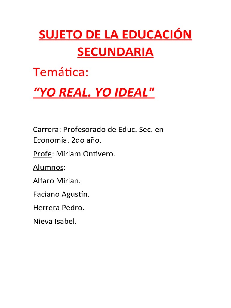 Conflicto entre Yo Real y Yo Ideal | PDF | Autoestima | Sicología