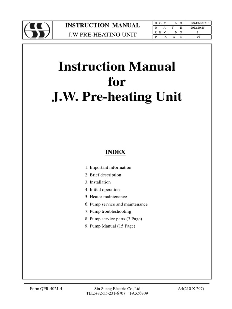 J.W. Pre-Heating Unit Manual | PDF | Fuse (Electrical) | Pump