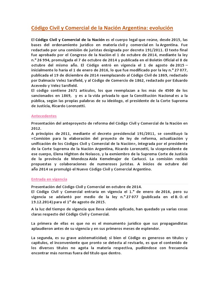 Código Civil y Comercial de La República Argentina. Evolución | PDF ...