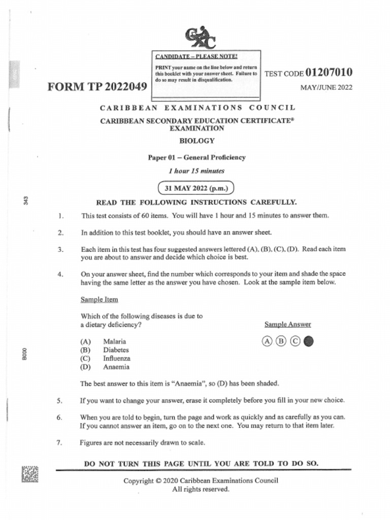 Csec Biology 2022 P1 | PDF