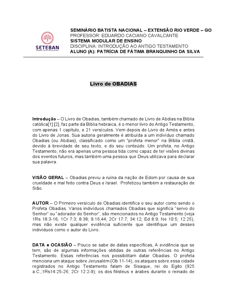 CARACTERÍSTICAS DO LIVRO DE Obadias Certo | PDF | Conteúdo bíblico ...