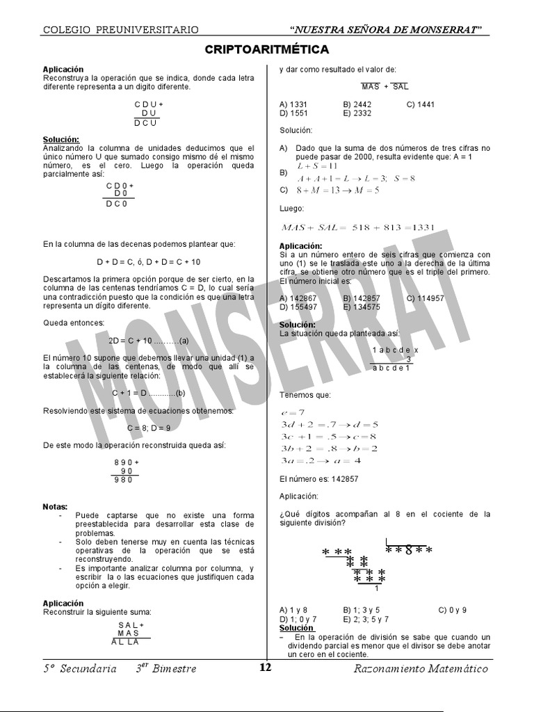 Criptoaritmètica | PDF | División (Matemáticas) | Matemáticas