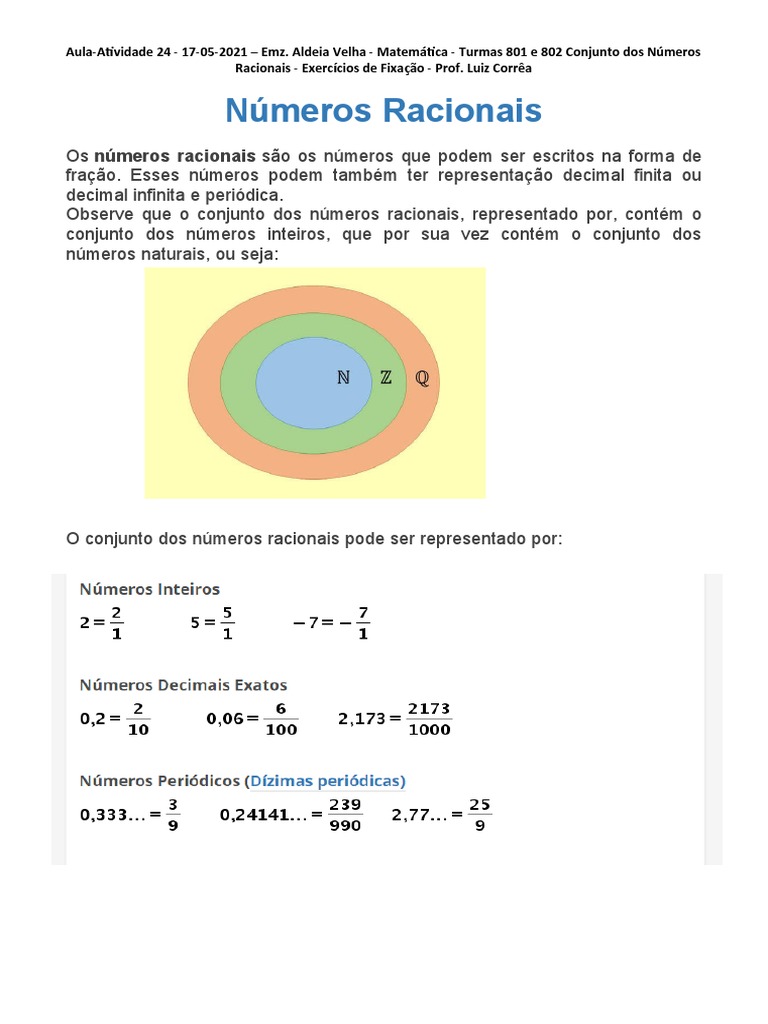5 - Conjunto Dos Números Racionais - Exercícios de Fixação - Prof. Luiz ...