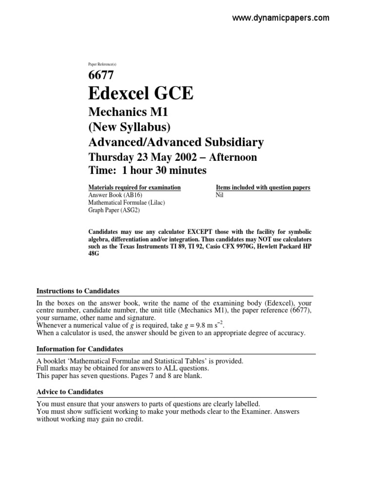 June 2002 QP M1 Edexcel | PDF | Force | Acceleration