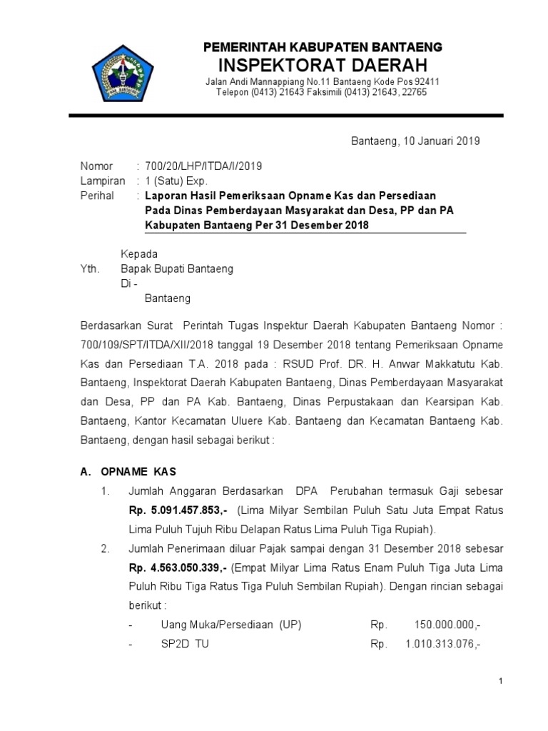 4 LHP Opname Kas Dinas PMD Tahun 2018 | PDF