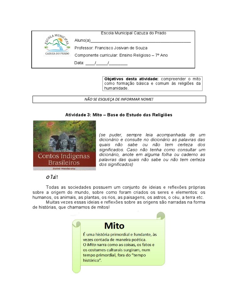 Atividade 3 - Unidade II - ER - 7. Ano - Mito - Base Do Estudo Das ...