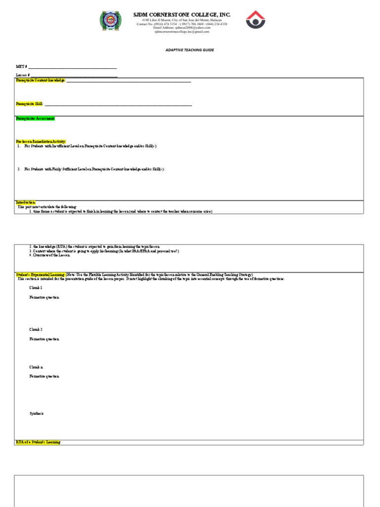 Adaptive Teaching Guide Template | PDF | Learning | Cognitive Psychology