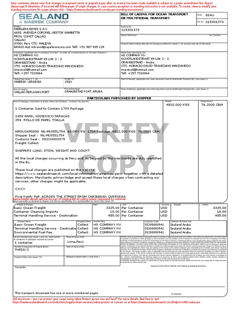Verify Copy: Bill of Lading For Ocean Transport or Multimodal Transport ...