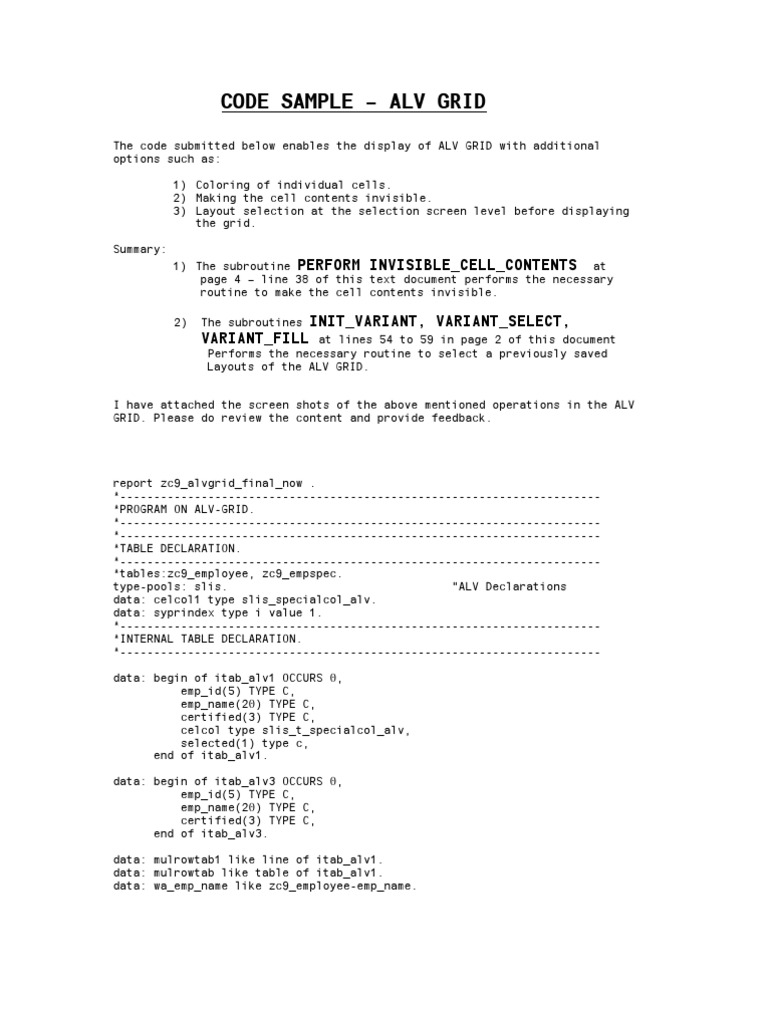 ABAP Code Sample For ALV Grid | PDF | Computer Engineering | Software ...