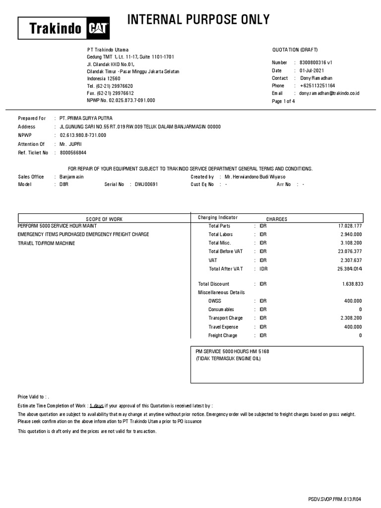 Draft Quotation for Equipment Repair | PDF | Banking | Money