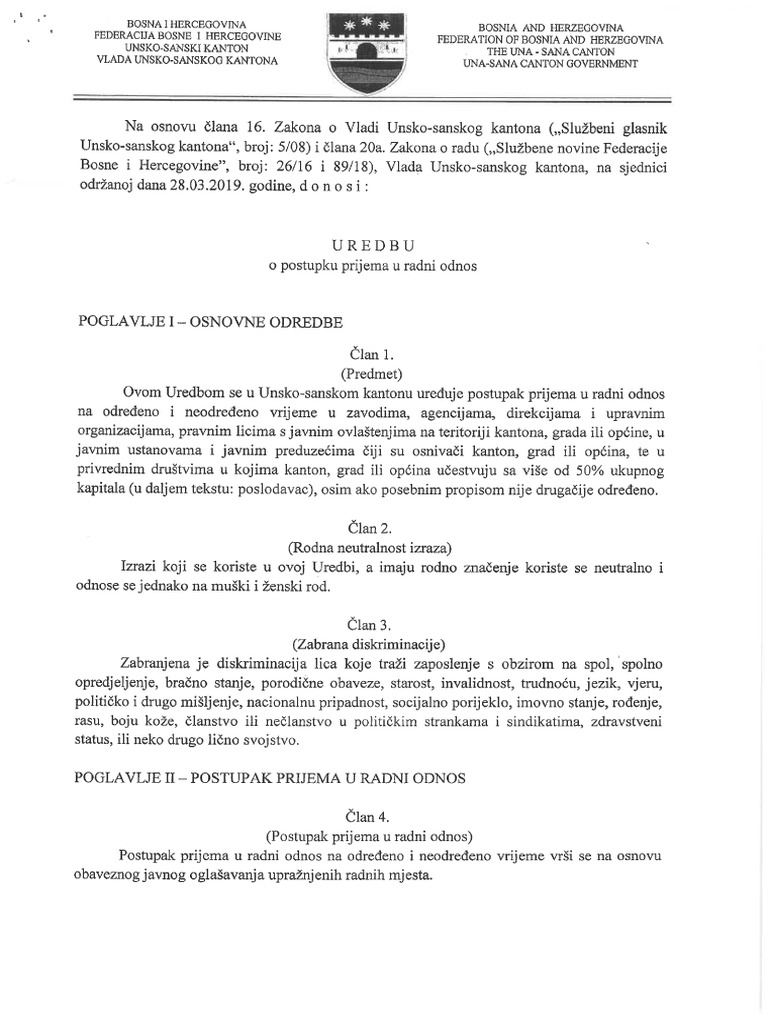 Uredba o Postupku Prijema U Radni Odnos USK | PDF