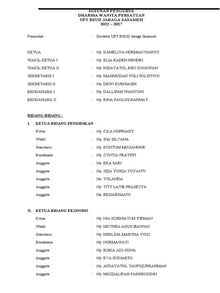 Draft Susunan Pengurus DWP Upt Rsud | PDF