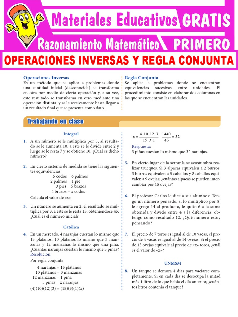 Operaciones Inversas y Regla Conjunta para Primer Secundaria | PDF ...