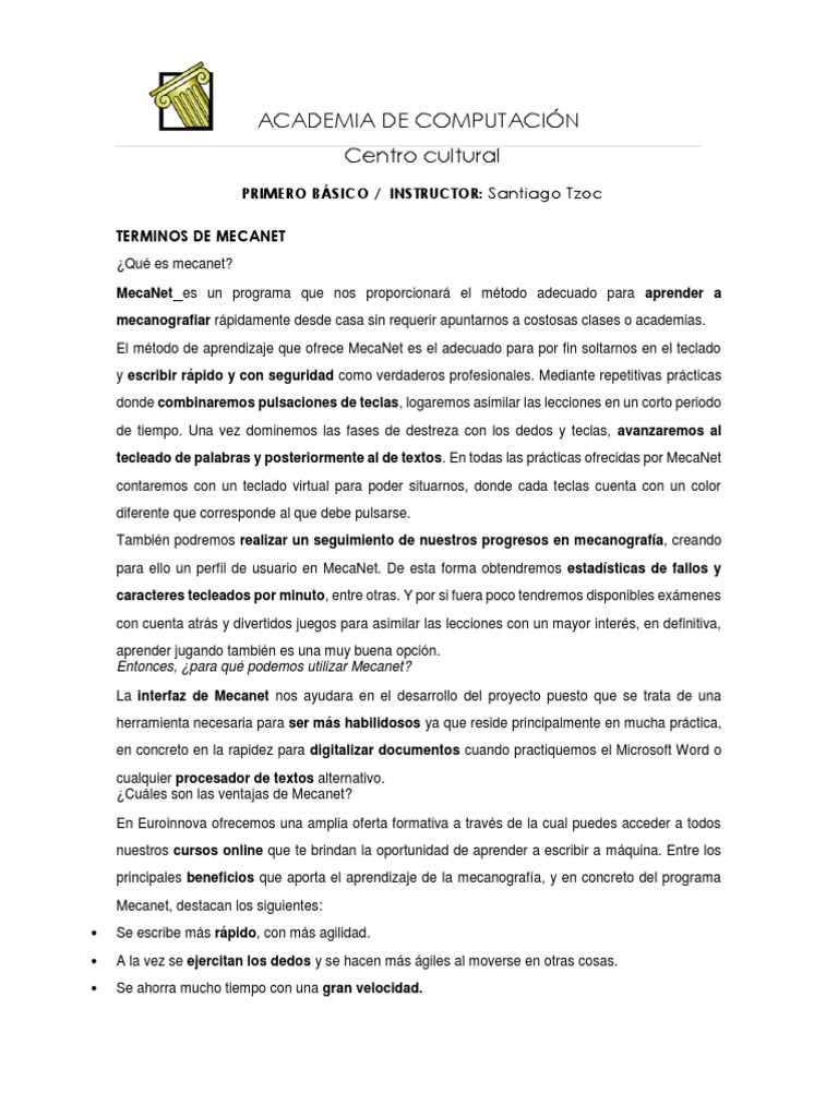 1ro Básico Kanil Mecanet | Descargar gratis PDF | Teclado | Aprendizaje