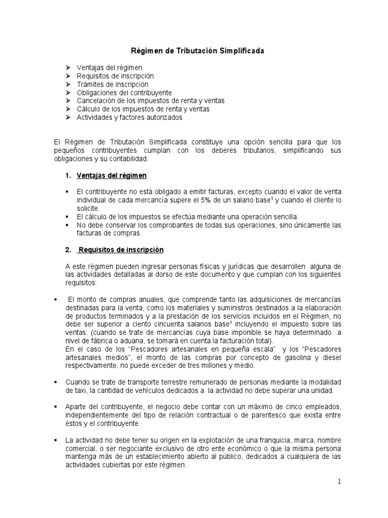 Régimen De Tributación Simplificada Descargar Gratis Pdf Impuestos