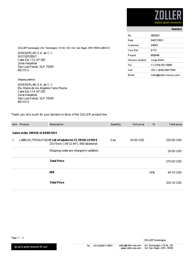 Detailed Invoice for the Sale of Label Roll Products from ZOLLER ...